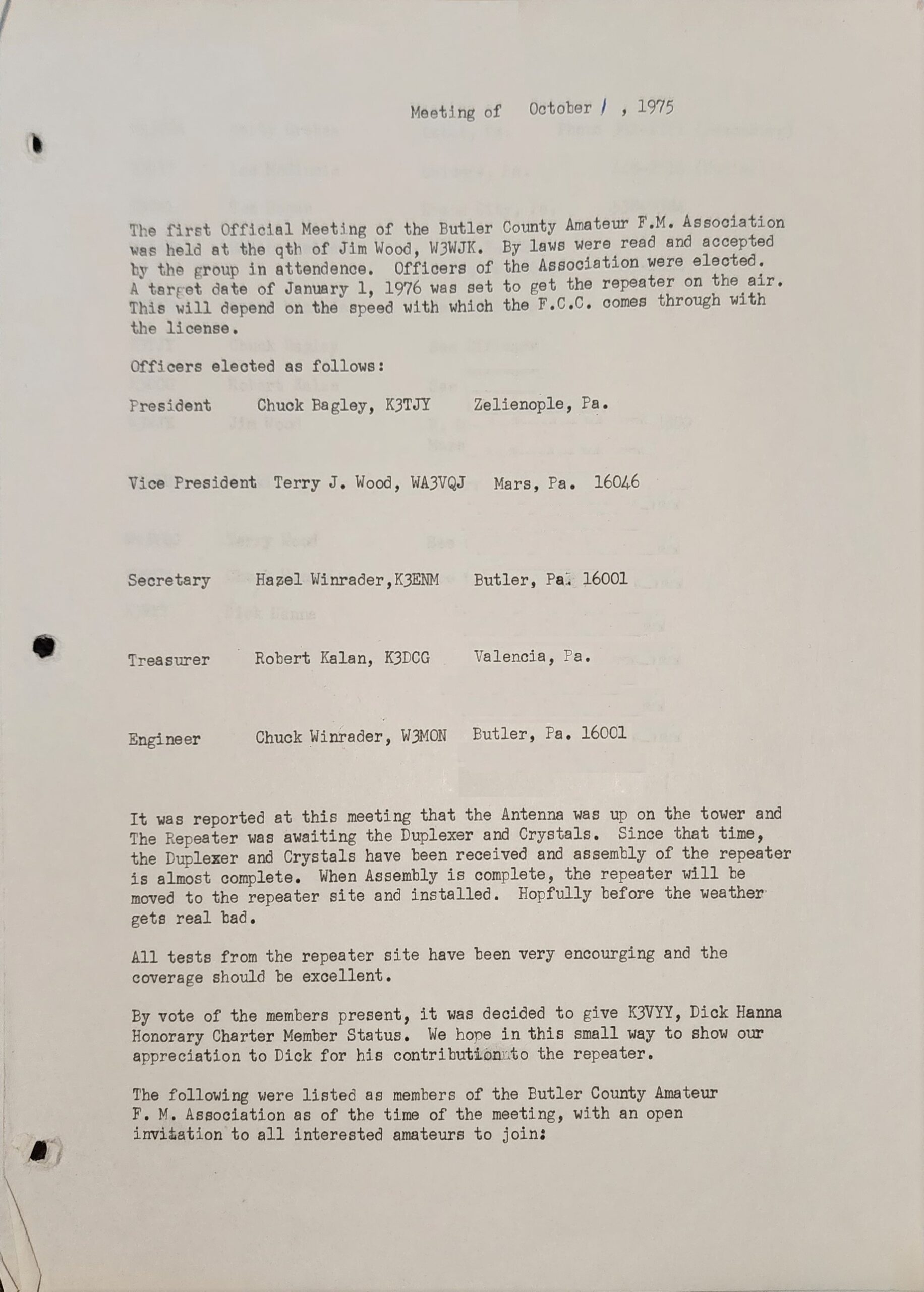 History – Butler County, Pennsylvania Amateur FM Association – Since 1976